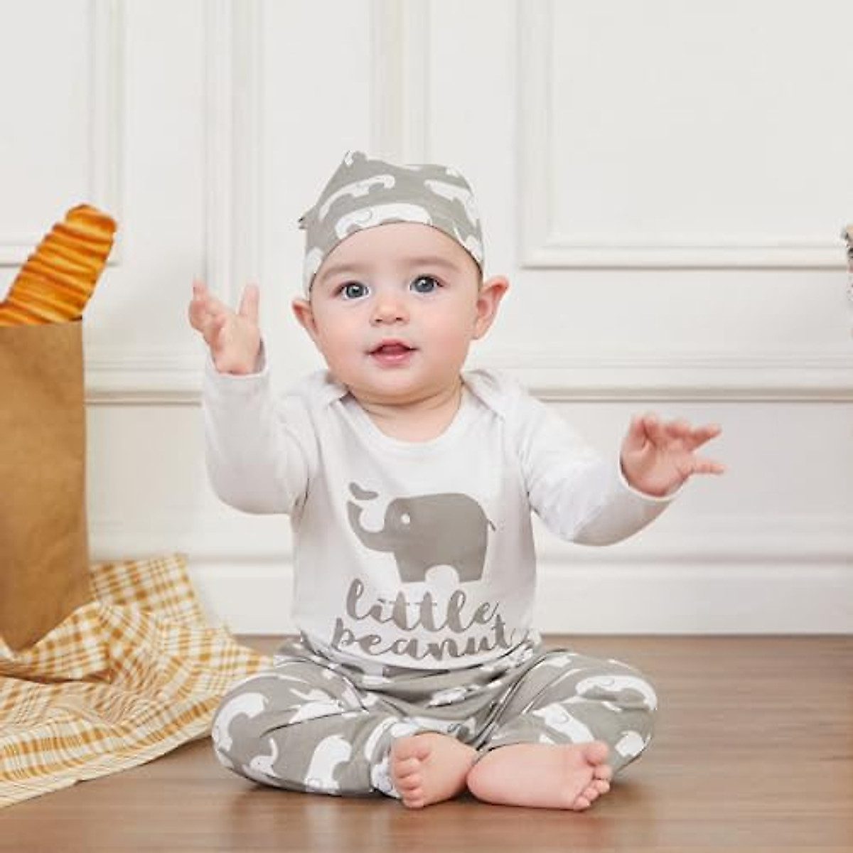 Rarjuiey 3Pcs Newborn Baby Boy Girl Elephant Outfits Long Sleeve Little Peanut Romper Bodysuit+Pants+Hat