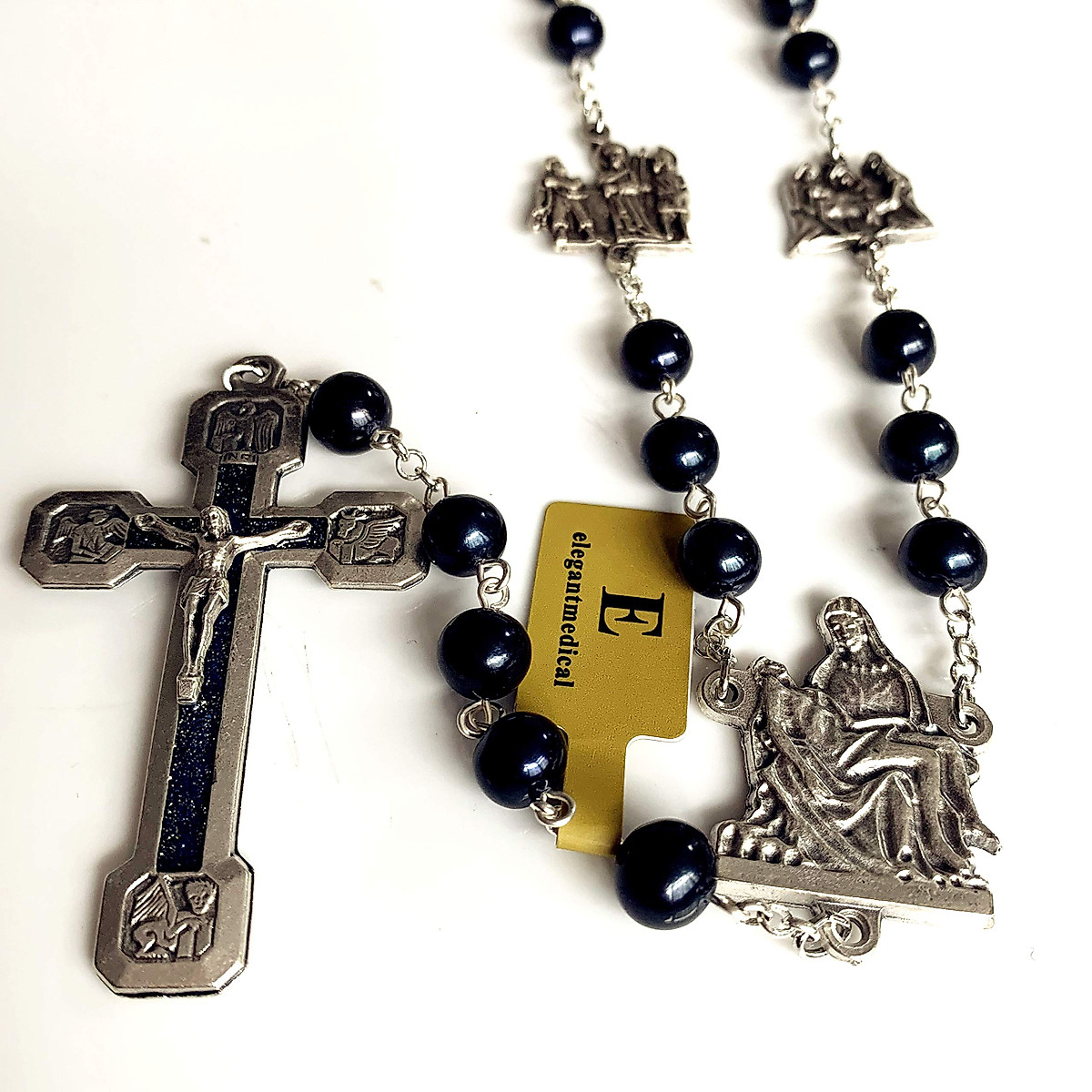 elegantmedical Stations of the Cross Prayer Rosary Real Black Pearl Beads Necklace Catholic Gifts Box