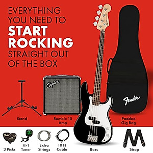 Squier by Fender Bass Guitar Kit, with 2-Year Warranty, Laurel Fingerboard, Black, Poplar Body, Includes Rumble 15G Amp, Padded Guitar Bag, Cable, Guitar Strap, and More