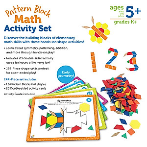 Learning Resources Pattern Block Math Activity Set, Math Games for Kids, Educational Games, Preschool Math, Montessori, 144 Pieces, Age 5+