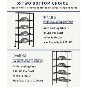 YYkokocat 5-Tier Wire Shelves 61" H x 30" x 14" Metal Storage Shelves Adjustable Wire Shelving Rack with Wheels & Leveling Feet NSF Metal Shelf Unit for Kitchen Pantry, 1200Lb Capacity, Black