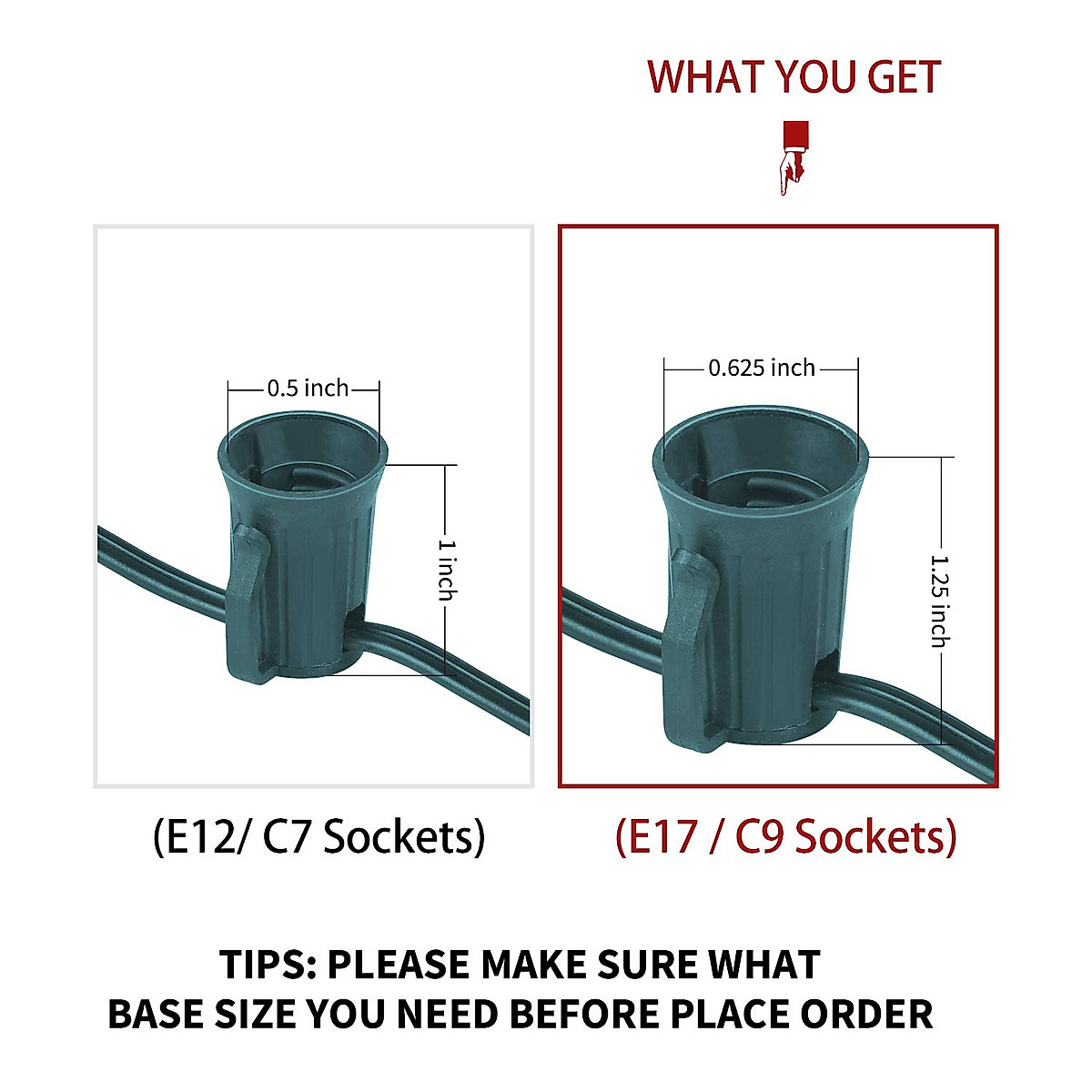 C9 Light Strand 100 FT for E17-12 Spacing, Outdoor String Light Christmas Stringer with 100 Sockets for Patio, Green Wire
