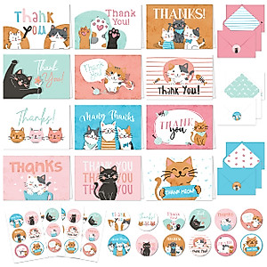 Decorably Thank You Cards with Envelopes & Stickers, Animal-Themed Cards - 24 Pack Cat Thank You Cards, Blank Inside Thank You Cards Cats, 6x4in Thank You Cards with Envelopes Cats