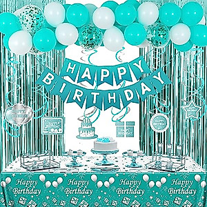 Birthday Decorations Girls Teal Happy Birthday Balloons for Women Birthday Party Decor for 10th 13th 16th 18th 20th 21st 25th 30th 35th 40th 50th 60th with Rain Curtains Tablecloth Swirl Pendants