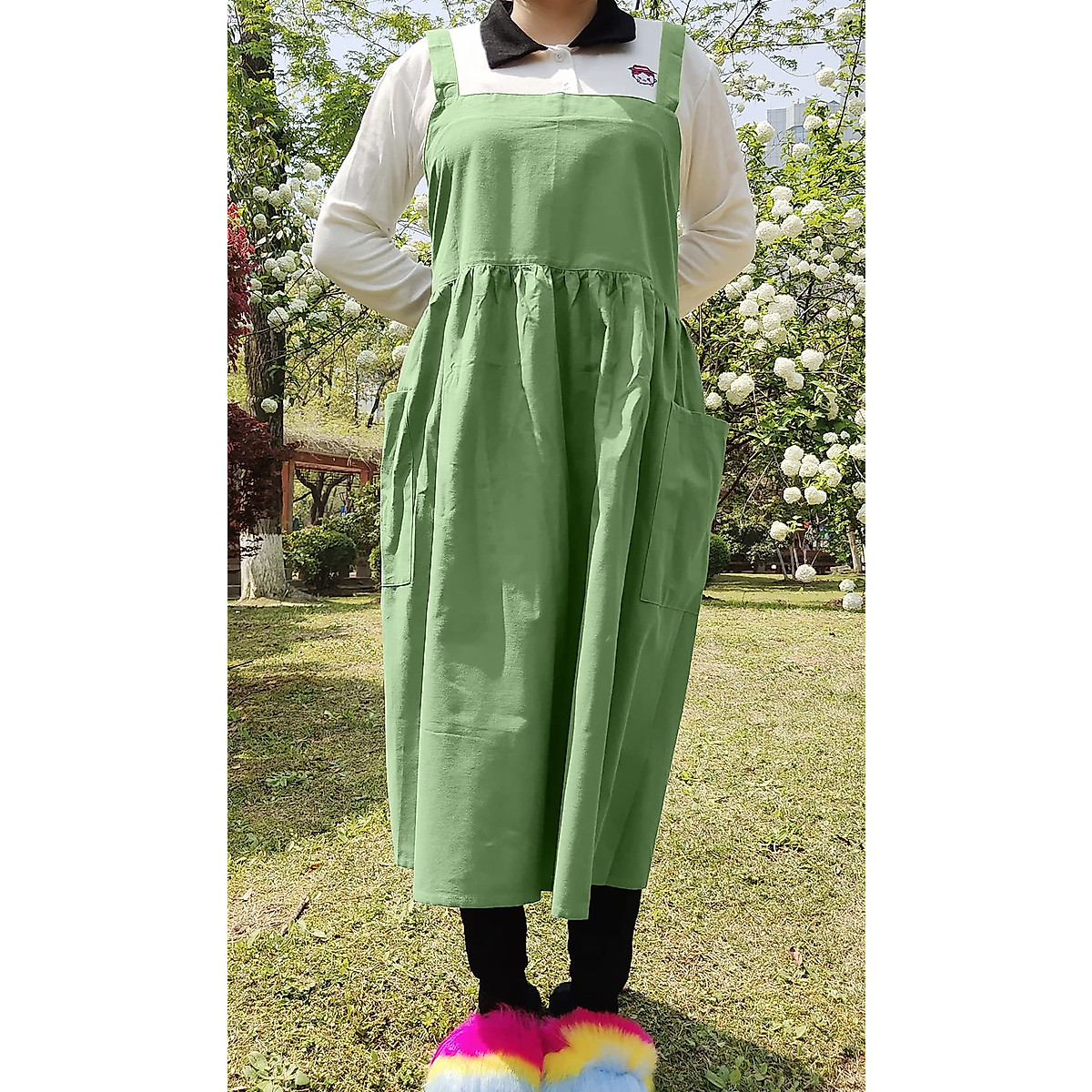losofar Cotton Linen Square Dress Overalls Kitchen Gardening Solid Color Apron Flower Shop Smock (Green, 92cmx110cm)