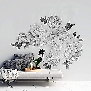 Murwall Floral Peony Wall Decal Black and White Florals Removable Peel and Stick Monochrome Flower Bouqet Wall Sticker Livingroom Entryway