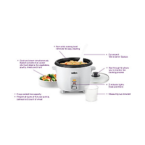 Salton 6 Cup Automatic Rice Cooker with Bonus Food Steaming Basket, Measuring Cup & Spatula, Removable Non-Stick Cooking Bowl for Quinoa, Oatmeal and More, White (RC2104WH)