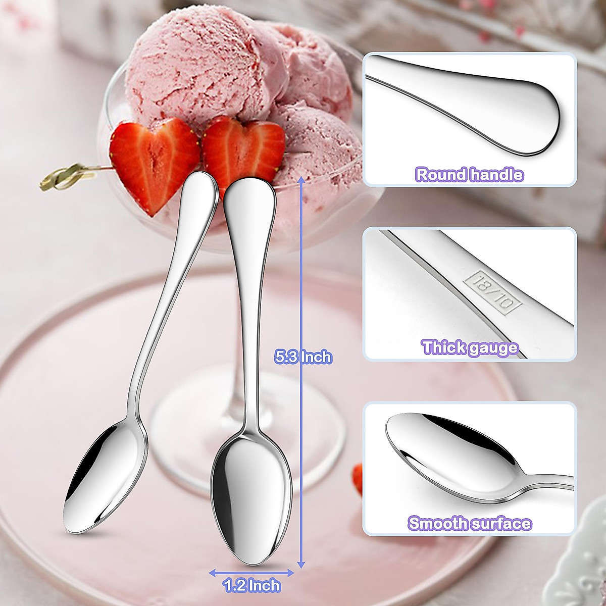 E-far Coffee Spoon Set of 12, 5 Inch 18/10 Stainless Steel Small Spoons Silverware Set for Espresso, Tea, Dessert, Mirror Finish & Round Handle, Dishwasher Safe