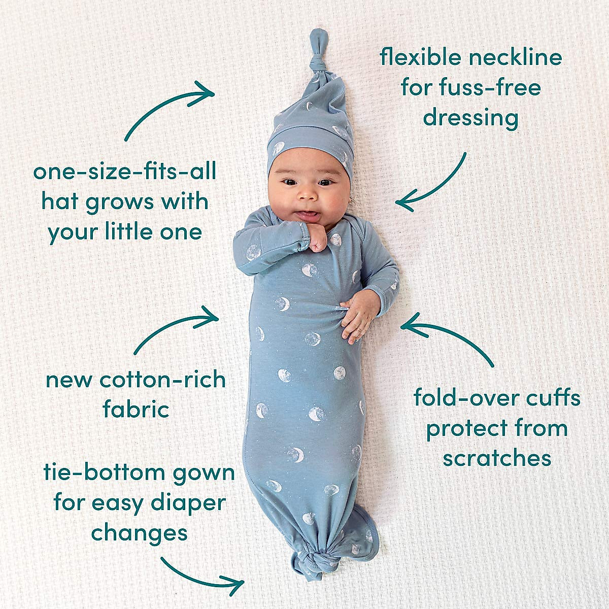 aden + anais Comfort Knit Knotted Newborn Baby Gown and Hat, Super Soft Cotton with Spandex, Infant Gown with Fold Over Mitten Cuffs, 2 Piece Set, 0-3 Months, Blue Moon