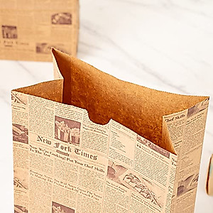 Restaurantware Bag Tek 12 Lb Disposable Lunch Bags 100 Sturdy Take Out Bags - Flat Bottom Microwavable Kraft Newsprint Design Paper Bags Freezable Great For Restaurants Cafes And Bakeries