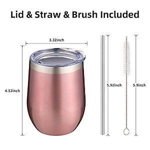 FristChoice 12 oz Insulated Wine Tumbler with Lid and Straw,Stainless Steel Stemless Wine Tumbler Glasses Double Wall Vacuum Wine Cups Tumbler for Coffee,Champaign,Cocktail (Rose Gold,1)