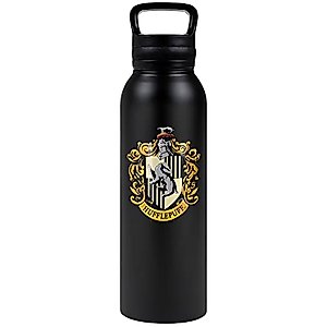 Harry Potter OFFICIAL Hufflepuff Crest 24 oz Insulated Canteen Water Bottle, Leak Resistant, Vacuum Insulated Stainless Steel with Loop Cap, Black
