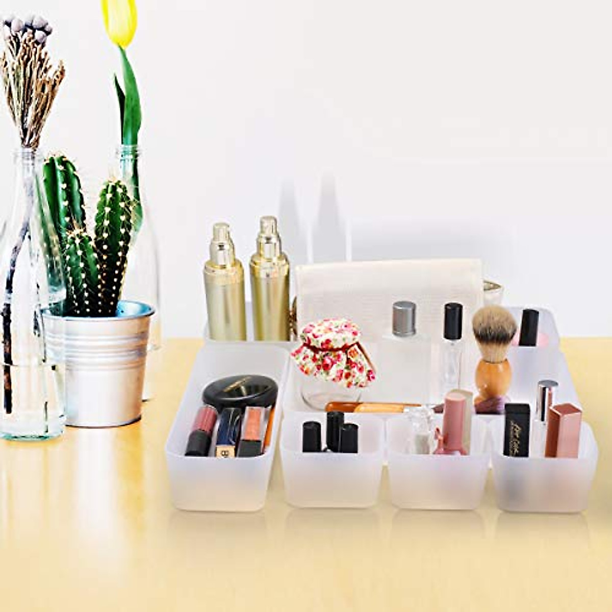 Cabilock Vanity and Desk Drawer Organizers with Shelf Liner(30 * 150mm),Vanity Drawer Organizer Makeup Containers Cabinet Organizers for Kitchen Office Bathroom 7 Pcs/Set