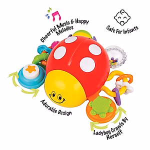 KiddoLab Ladybug Crawling Toy with Fun Sounds, Sliding Rings, Spinning Ball, and Colorful Beads - Develops Cognitive and Motor Skills for 6 Months Plus Babies