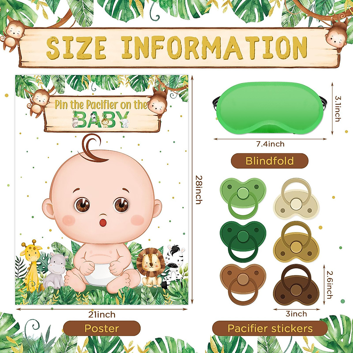 Faccito Pin the Pacifier on Baby Game Safari Jungle Baby Shower Game with Sage Green Animals Baby Poster Blindfold and 24 Pacifier Stickers for Baby Shower Birthday Party Decorations Supplies