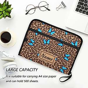 Blue Butterfly Leopard Cheetah Print Expanding File Folder, 13 Pockets Accordion File Organizer with Sticky Labels Zipper Portable A4 Document Organizer for Home Office School Supplies