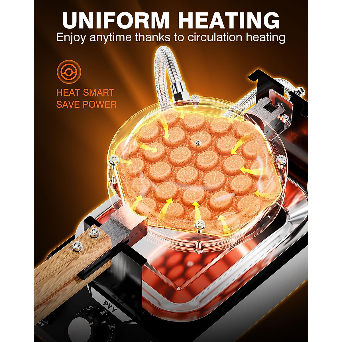 PYY Bubble Waffle Maker - Commercial Egg Puff Waffle Iron Machine, 1500W 122-482℉ Electric Stainless Steel Hong Kong, 30 Egg Cones | 180° Rotating| Black Non-stick Coating | Crumb Tray | Wooden Handle