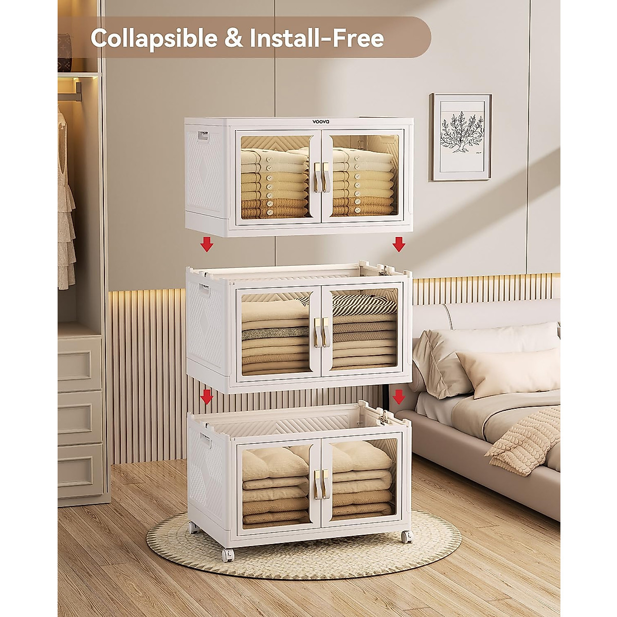 Voova 48QT Storage Bins with Lids,Stackable Collapsible Closet Organizers and Storage Cabinet with Drawer,Folding Plastic Craft Storage Containers Box with Door&Wheels for Home,Office,Dorm Room,3 Pack