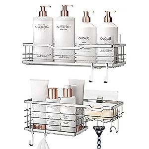 HBlife Self Adhesive Shower Shelves, 2 Pack Shower Caddy with 4 Hooks and Soap Holder, Rustproof Stainless Steel Shower Organizer