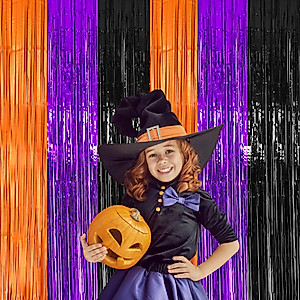 2 Packs 3.3ft x 8.2ft Halloween Orange Purple Black Tinsel Foil Fringe Curtains, Metallic Foil Curtains for Home Outdoor Halloween Party Photo Booth Props Wall Windows Decorations