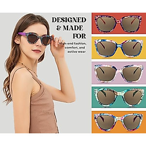 Leafael Sunglasses Womens Trendy Retro Purple Floral Designs | Polarized Lens UV Protection | Round Cat Eye Frame | Casual & Active