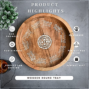 ARIJA Rustic Round Wooden Trays,Serving Tray with Handles - Food Serving Trays Ottoman Tray for Living Room- Rustic Home décor, Boho Décor Serving Tray Size 12 inch