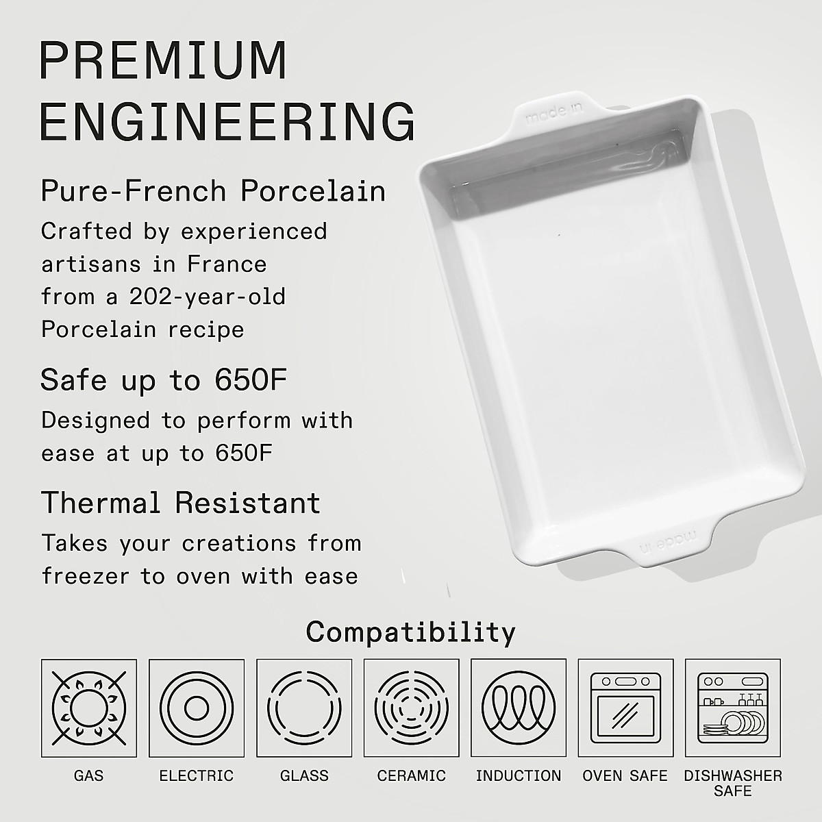 Made In Cookware - Rectangular Baking Dish - White - Hand Crafted Porcelain - Professional Bakeware - Made in France