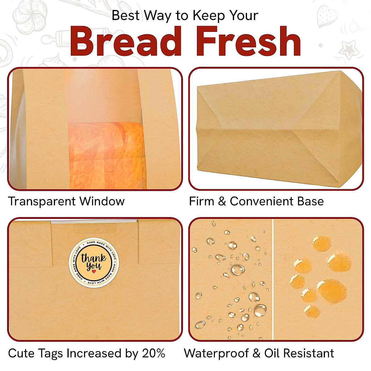 Riccle Large Bread Bags, Sourdough Bread Bags for Homemade Bread, 50% Thicker 13.7x8.2x3.7in, 30 Pcs Bakery Bags with Window and 30 Sealing Stickers - Paper Bread Bag For Kitchen Use, Bread Loaf Bags