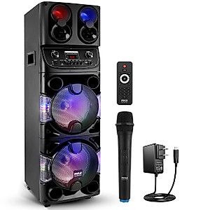 Pyle Portable Bluetooth PA Speaker - 600W Dual 10” Rechargeable Indoor/Outdoor BT Karaoke Audio System -LED Display, FM/AUX/MP3/USB/SD, 1/4" in, Handle, Wheels -Wireless Mic, Remote Control