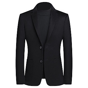 Men's Casual Wool Suit Blazer Two Button Tweed Lightweight Sport Coat Notched Lapel Slim Fit Daily Jacket Black