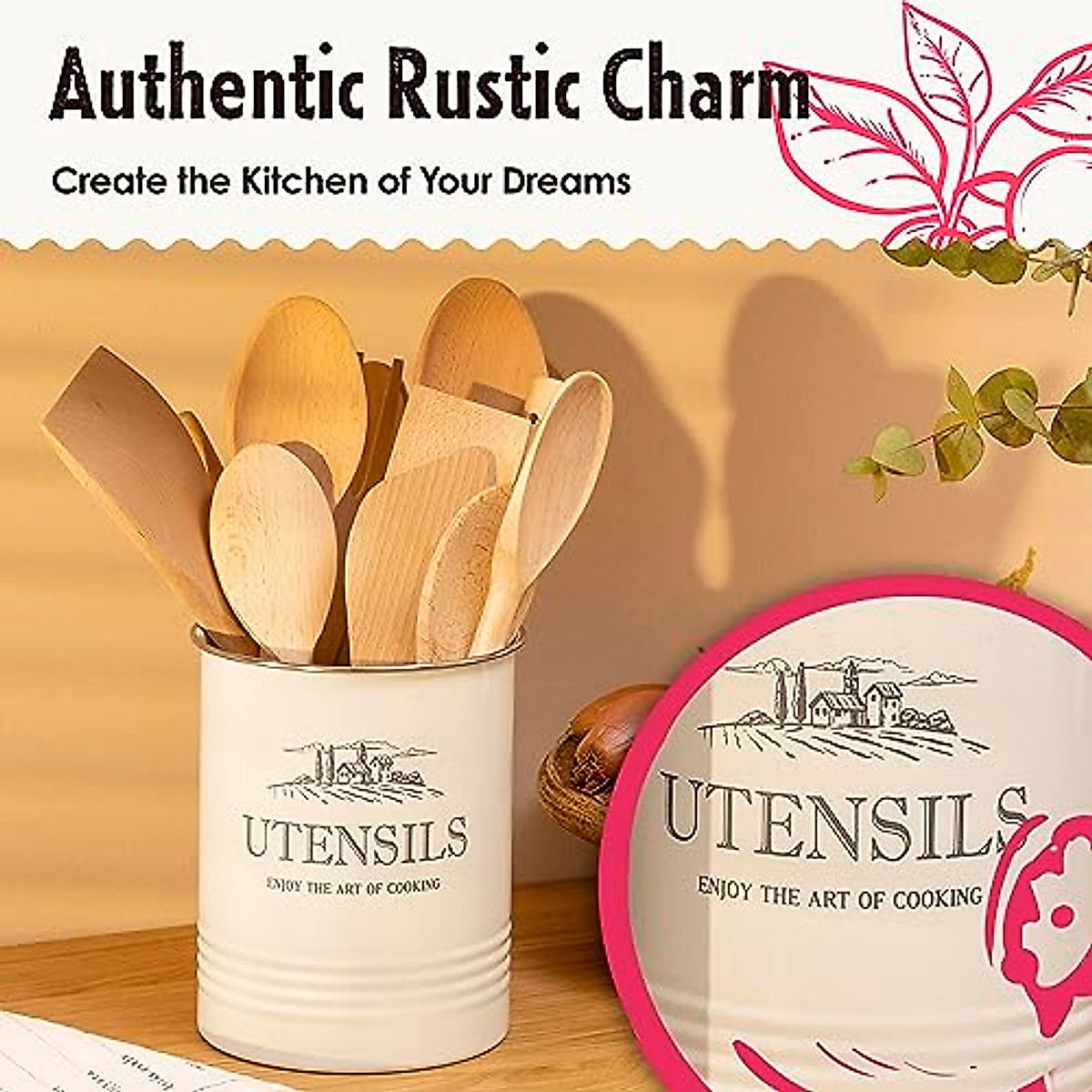 noonberry Kitchen Utensil Holder for Countertop - Farmhouse Large Cooking Utensil Holder 6.7"- Utensils Organizer and Spatula Holder - Kitchen Counter Decor Crock