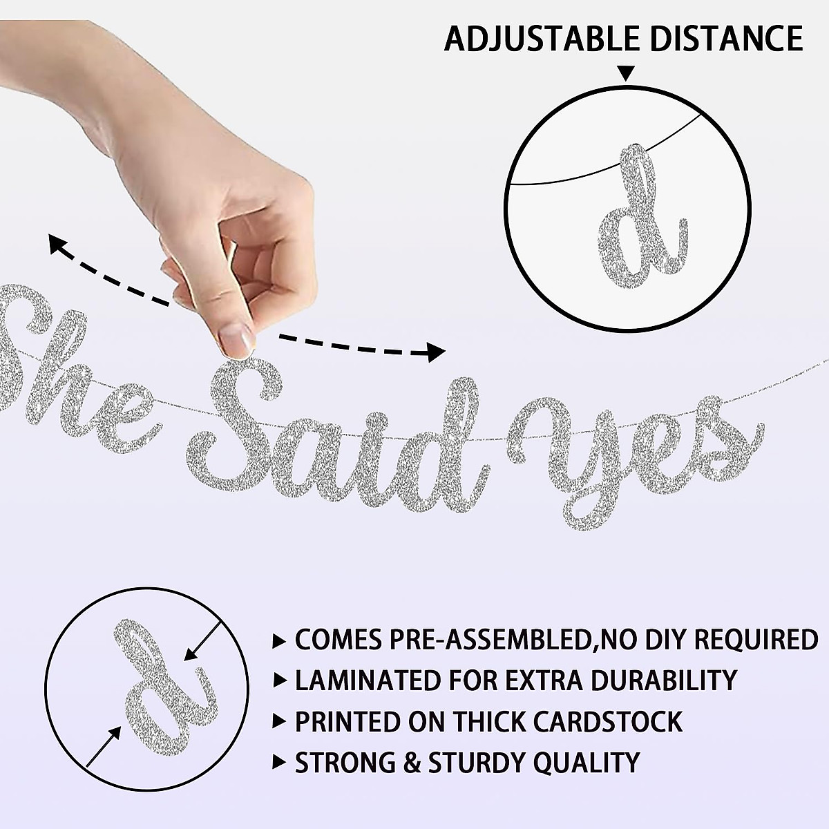 He Asked She Said Yes Banner Silver Glitter, No-DIY She Said Yes Decorations Banner with Heart Garland, Engagement Party Decorations Silver for Wedding Engagement Bridal Shower Party Decorations