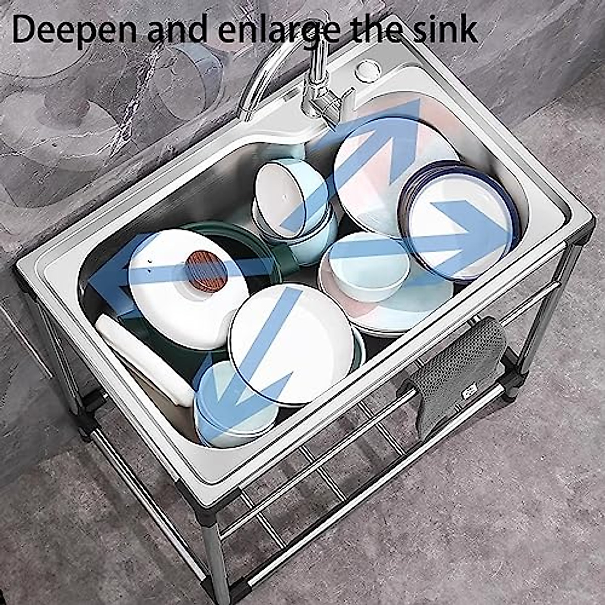 Single Bowl Stainless Steel 304 Sink,Single Bowl Kitchen Sinks,Commercial Restaurant Kitchen Bar Sink,Free Standing Utility Sink with Stand,for Laundry Garage Indoor Outdoor ( Color : Hot and cold fau