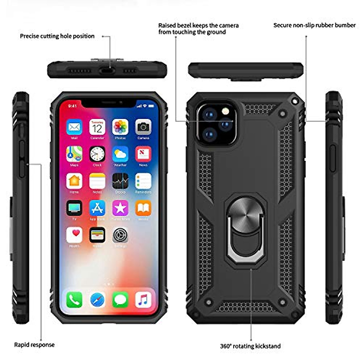 LeYi Compatible for iPhone 11 Pro Max Case with Tempered Glass Screen Protector [2 Pack], Military-Grade Phone Case Cover with Ring Kickstand for Apple iPhone 11 Pro Max 6.5 inch，Black