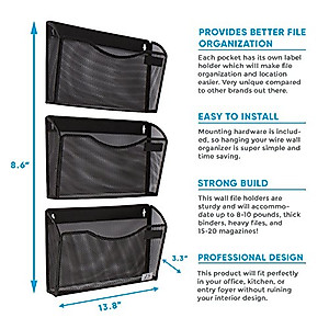 3 Pocket Wall Mount File Hanging Organizer, Metal Mesh Office Home Folder Binder Holder Magazine Mail Sorter Rack + Hardware, Black