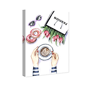 Wynwood Studio Fashion and Glam Wall Art Canvas Prints 'Coffee and Donut time' Accessories Home Décor, 16" x 24", White, Pink