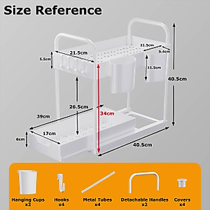 GEMWON Under Sink Organizer, 2 Tier Sliding Bathroom Organizer Cabinet Storage with Hooks, Hanging Cups, Handles, Multi-purpose Under Sink Shelf Organizer for Bathroom Kitchen(2 Pack)
