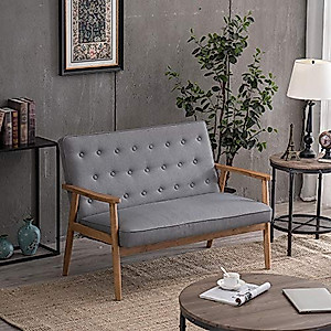 JOYBASE Loveseat Sofa, 2-Seater Sofa Couch, Mid-Century Retro Modern Fabric Upholstered Wooden, Grey