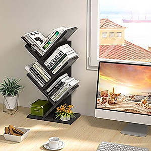 Topfurny Tree Bookshelf, 4-Tier Book Storage Organizer Shelves Floor Standing Bookcase, Wood Storage Rack for Office Home School Shelf Display for Cd/Magazine/Book -Black