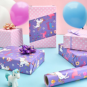 WERNNSAI Unicorn Reversible Wrapping Paper Roll - 1 Roll 17” x 33 ft Happy Birthday Wrapping Paper Roll Kids Unicorn Birthday Gift Wrap Roll Girls Wrapping Paper Polka Dot Design Unicorn Party Favor