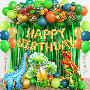 Dinosaur Birthday Party Decorations, 126Pcs Dinosaur Green Blue Orange Balloons Garland Arch Kit Happy Birthday Dino Foil Balloons Curtain for Boys Kids Jungle Safari Dino Themed Party Baby Shower