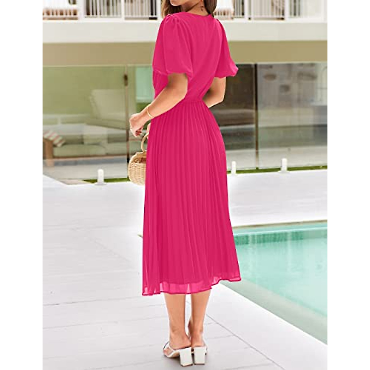MEROKEETY Summer Dress for Women 2023 Wrap V Neck Bubble Sleeve Pleated Party Midi Dresses,HotPink,S