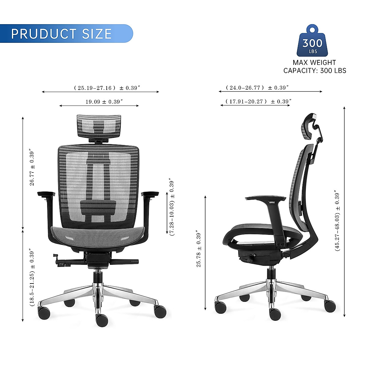 Ergonomic Office Chair with Adjustable 4D Armrest Headrest & Lumbar Support, High Back Mesh Computer Chair for Home and Office