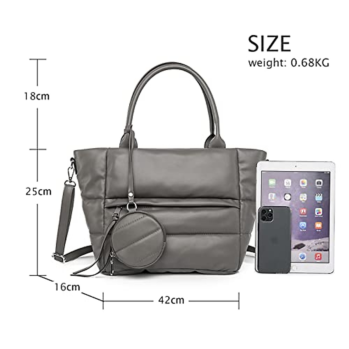 MYHOZEE Puffer Tote Bag, Large Padding Tote Handbags for Women Waterproof Quilted Crossbody Bags Gray