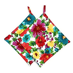 Red Pink Yellow Floral Flowers with Teal Turquoise Green Leaves Ties On Stays Put Kitchen Hanging Loop Hand Dish Towel and Set of 2 Square Pot Holders Hot Pads Trivets Hostess Housewarming Gift