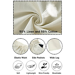 LNX Women's Linen Pants High Waist Wide Leg Drawstring Casual Loose Trouser Beige