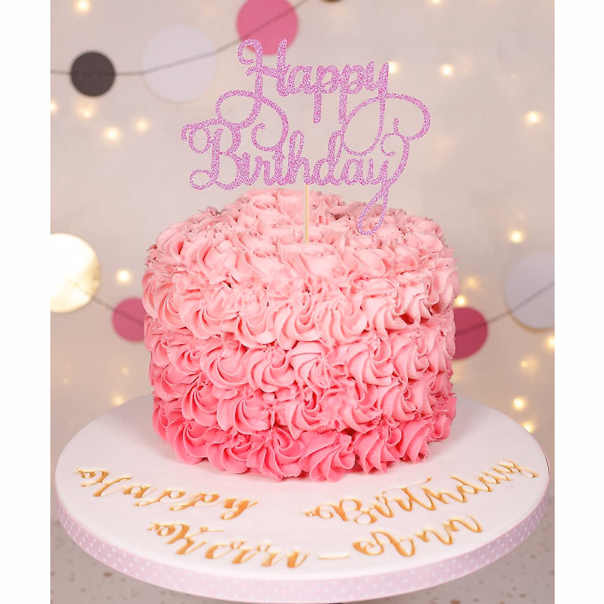 AHAORAY Happy Birthday Cake Topper - Pink Glitter Happy Birthday Cake Bunting Decor - Birthday Party Cake Decoration Supplies, for Photo Booth Props