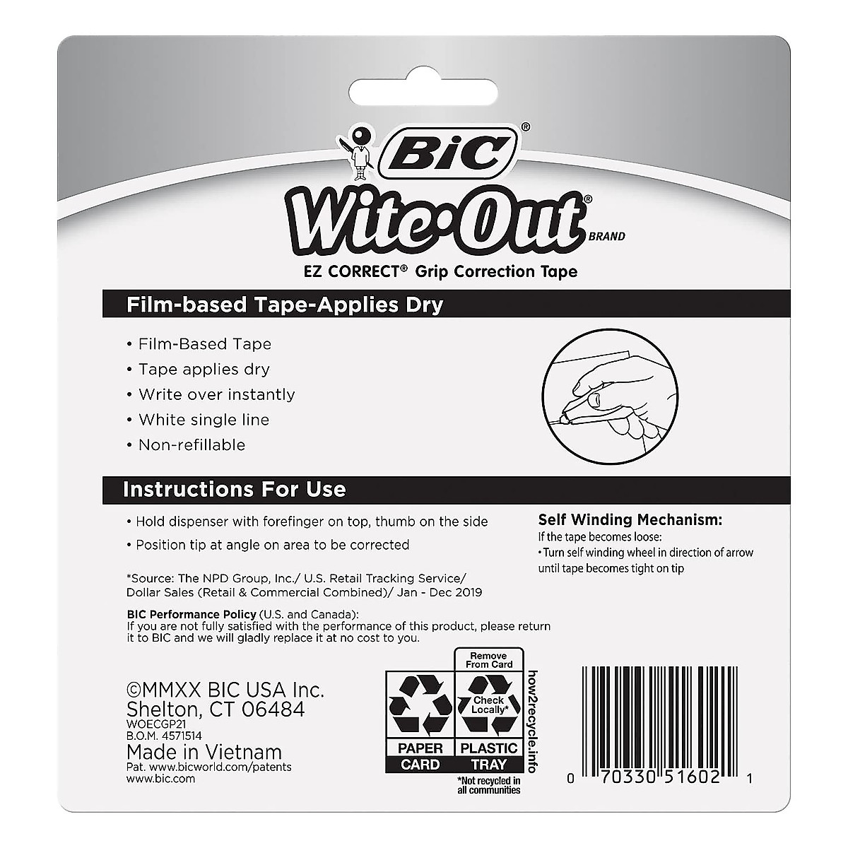 BIC Wite-Out Brand EZ Correct Grip Correction Tape, 19.8 Feet, 2-Count Pack of white Correction Tape, Fast, Clean and Easy to Use Tear-Resistant Tape Office or School Supplies