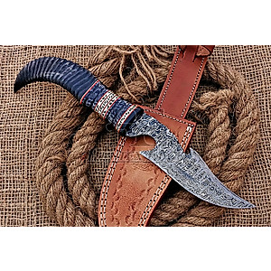 HUNTEX Unique Custom Handmade Hand Forged Ladder Pattern Damascus Steel 12.5 Inch Long Full Tang Buffalo Horn Handle Razor Sharp Hunting Camping Hunter's Gut Hook Knife with Genuine Leather Sheath