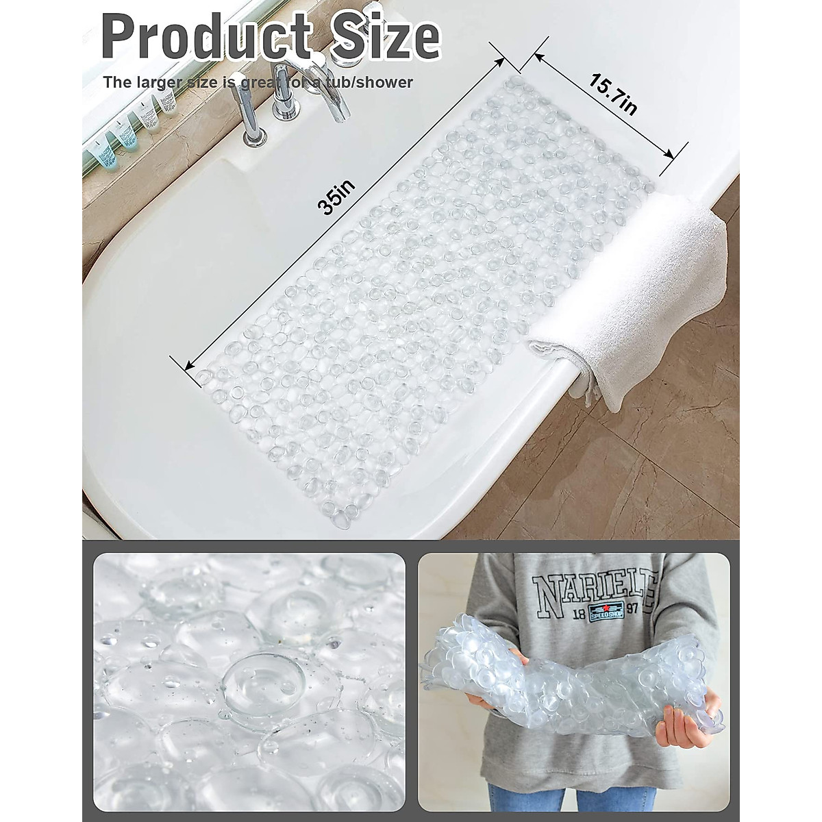 Pebble Shower Mat Non Slip, 35 X 15.7 Inch Bathtub Mat with Suction Cups, Drainage Holes for Shower, Tub, Bathroom, Machine Washable (Clear)